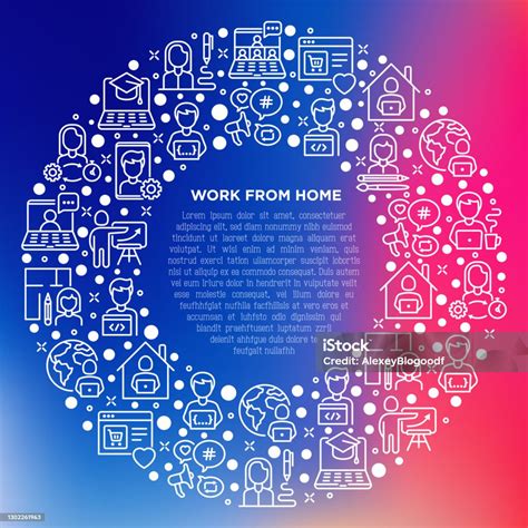 온라인 컨퍼런스 프리랜서 온라인 교육 프로그래머 개발자 카피라이터 웹 디자이너 제품 관리자 얇은 라인 아이콘과 원에서 홈 개념에서 작업 벡터 그림입니다 개념에 대한 스톡