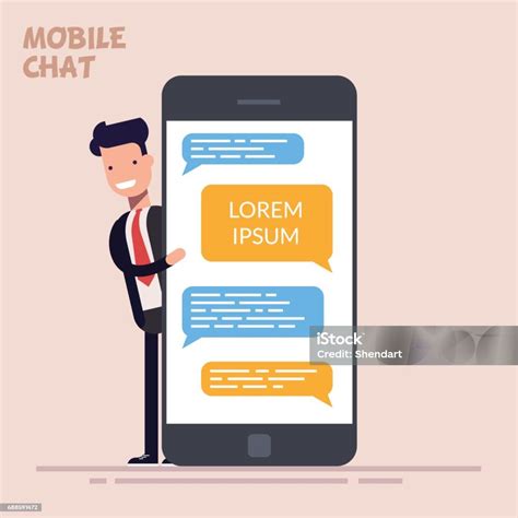 인스턴트 메시징 서비스입니다 행복 한 사업 또는 관리자 큰 휴대폰 이나 스마트폰 근처에 서 메시징 서비스입니다 Sms 메신저입니다 평면 스타일 컬러 배경에 고립 된 평면