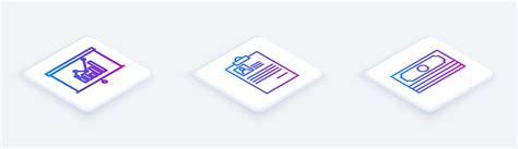 그래프 차트와 Isometric 라인 보드를 설정 이력서와 클립 보드 및 스택 종이 돈 현금 흰색 정사각형 버튼 벡터 0명에 대한 스톡 벡터 아트 및 기타 이미지 Istock