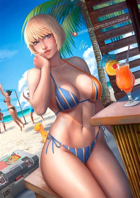 Rule 34 Alternate Costume Apex Legends Beach Bikini Blonde Hair Blue