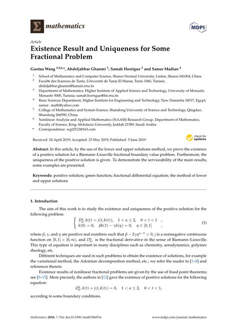 Pdf Existence Result And Uniqueness For Some Fractional Problem