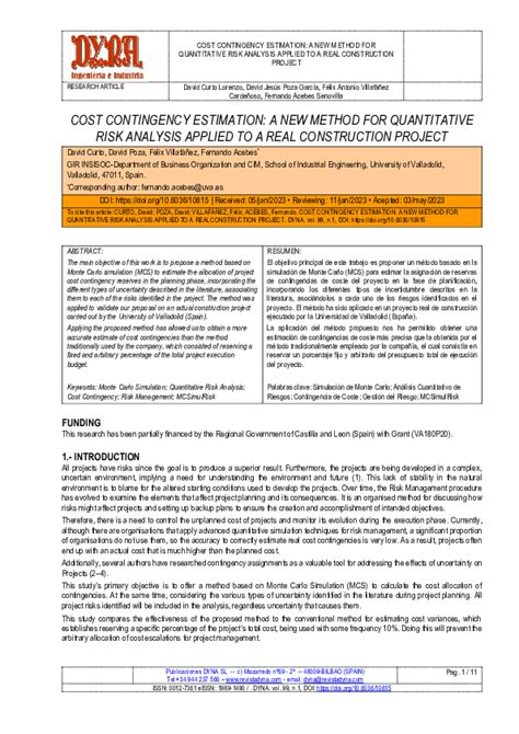 Pdf Cost Contingency Estimation A New Method For Quantitative Risk Analysis Applied To A Real