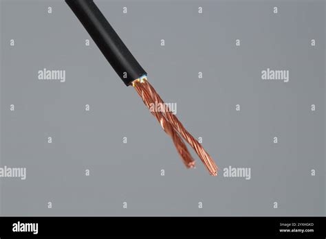 Black Stripped Electrical Wire On Light Grey Background Closeup Stock