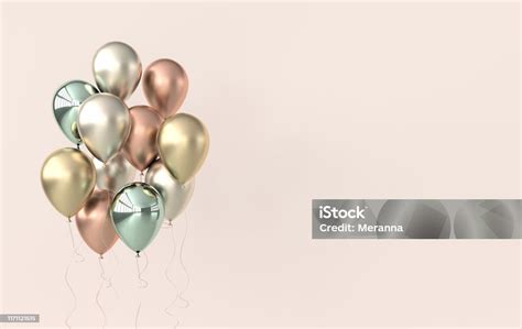 파스텔 색상의 배경에 광택 녹색과 황금 풍선의 그림 생일 파티 홍보 소셜 미디어 배너 포스터를위한 빈 공간 3d 렌더링 사실적인 풍선 풍선에 대한 스톡 사진 및 기타 이미지