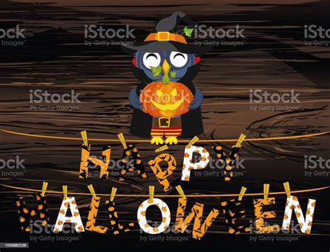 호박 벌 마녀에 올빼미 문자와 Clothespins 한 비문 해피 할로윈 꽉 밧줄에 앉아 있다 나무 뒤에 벡터입니다 축제 화