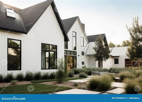 Modern Farmhouse Exterior With Angular Lines And Geometric Shapes Stock Illustration