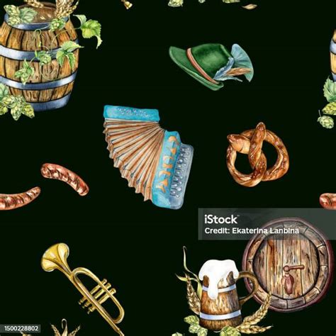 나무 통 맥주 한 잔 독일 모자 아코디언 홉 덩굴 수채화 이음매 없는 패턴이 검은색으로 분리되어 있습니다 프레첼 밀 귀 손으로 그렸습니다 맥주 축제 양조 포장 배경을 위한