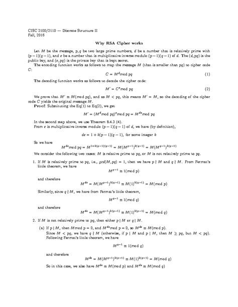 Why Rsa Cipher Works Summary Cisc 21002110 — Discrete Structure Ii Fall 2016 Why Rsa Cipher