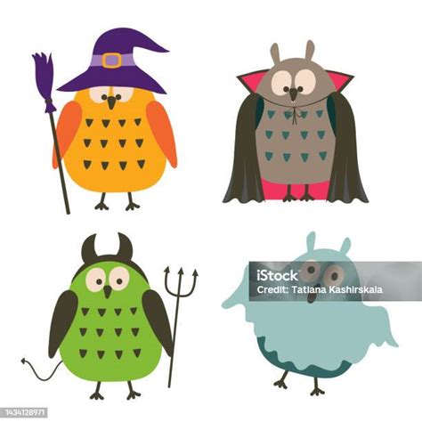 의상에 귀여운 만화 올빼미 세트 마녀 유령 드라큘라 뱀파이어와 악마 할로윈을위한 클립 아트 키트 개체 그룹에 대한 스톡 벡터