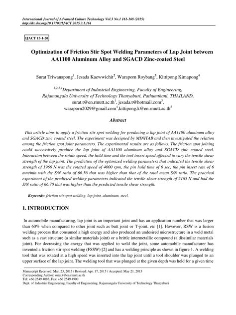 Pdf Optimization Of Friction Stir Spot Welding Parameters Of Lap Joint Between Aa1100 Aluminum