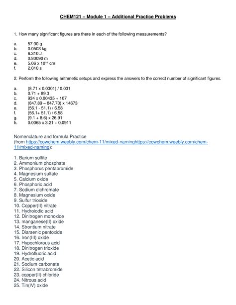 Chem121 Module 1 Additional Practice Problems Chem1 21 Module 1