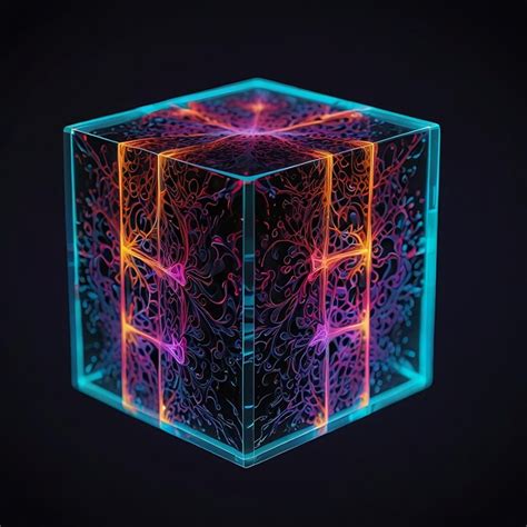 Suspended Cube With Neon Fractal Patterns Pulsating Across Its Surface