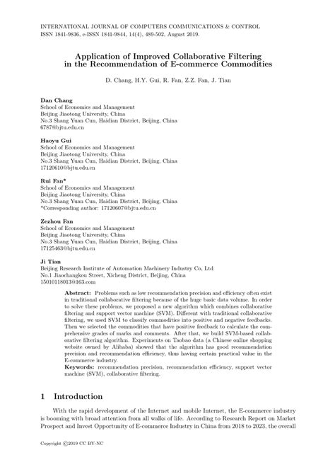 Pdf Application Of Improved Collaborative Filtering In The Recommendation Of E Commerce