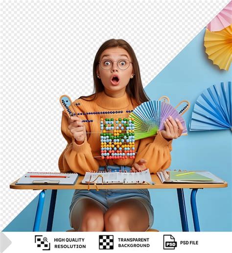 Jeune Enseignante Confuse Portant Des Lunettes Tenant Un Abacus Avec Un Ventilateur De Nombres