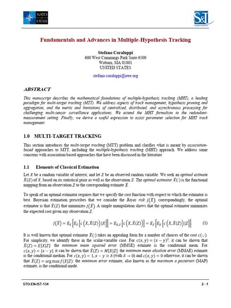 Fundamentals And Advances In Multiple Hypothesis Tracking Nato Report Pdf Estimator