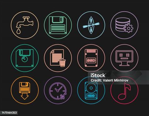 라인 음악 노트 톤 데드 모니터 카약 및 패들 파일 문서 삭제 플로피 디스크 워터 탭 Ssd 카드 및 아이콘을 설정합니다 벡터 아이콘에 대한 스톡 벡터 아트 및 기타 이미지