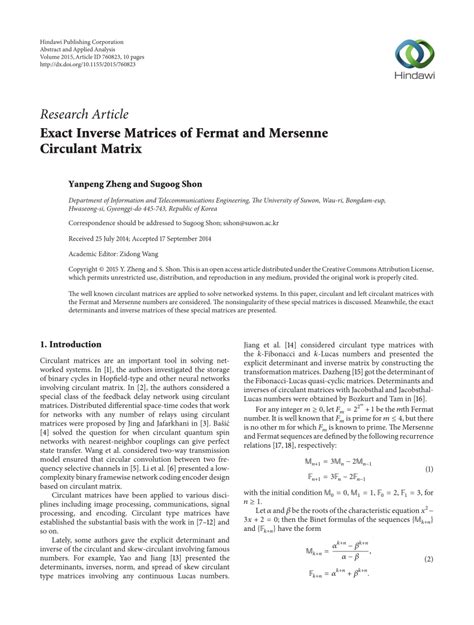 Pdf Exact Inverse Matrices Of Fermat And Mersenne Circulant Matrix