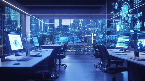 Modern Office Workspace Overlooking A City Skyline With Advanced Technology Displays During