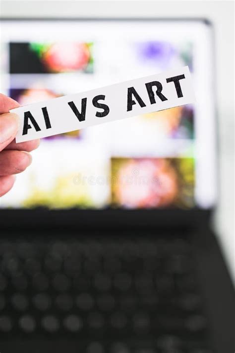 ai vs art text in front of laptop bokeh with out of focus images artificial intelligence