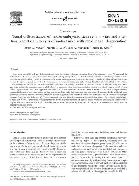 Pdf Research Report Neural Differentiation Of Mouse Embryonic Stem
