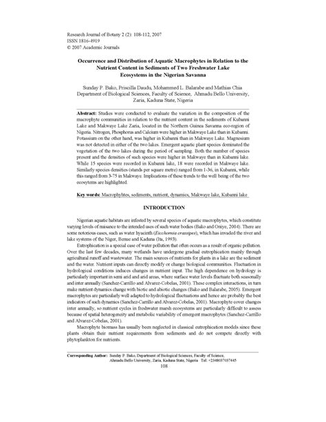 Pdf Occurrence And Distribution Of Aquatic Macrophytes In Relation To The Nutrient Content In