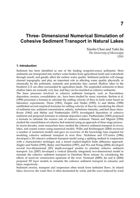 Pdf Three Dimensional Numerical Simulation Of Cohesive Sediment Transport In Natural Lakes