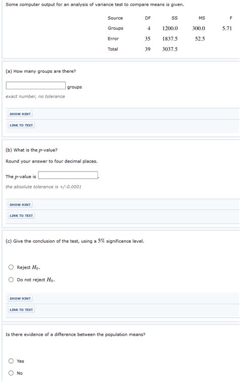 Solved Some Computer Output For An Analysis Of Variance Test