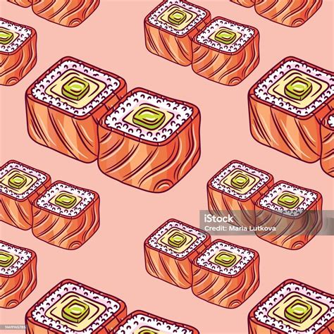 밝고 귀여운 초밥 손으로 그린 낙서가 있는 매끄러운 패턴 배경 아시아 음식 윤곽선 아시아 음식 벡터 일러스트 레이 션 배경 인쇄