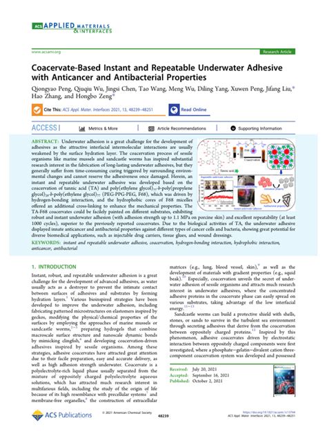 Coacervate Based Instant And Repeatable Underwater Adhesive With Anticancer And Antibacterial