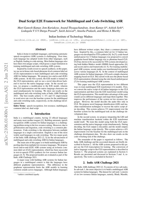 Pdf Dual Script E2e Framework For Multilingual And Code Switching Asr