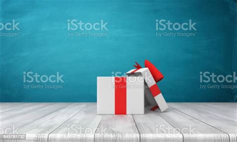 파란색 배경 앞에서 나무 책상에 빨간 활 서와 함께 오픈 흰색 선물 상자의 3d 렌더링 권투 스포츠에 대한 스톡 사진 및 기타