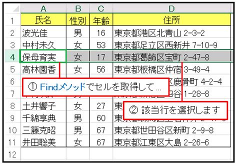 【vba】findメソッドとfindnextメソッドで住所検索