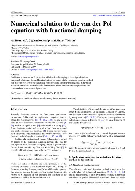 Pdf Numerical Solution To The Van Der Pol Equation With Fractional Damping