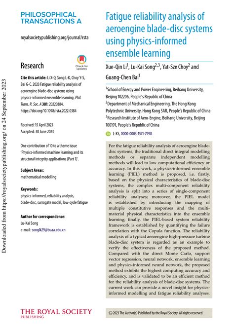 Pdf Fatigue Reliability Analysis Of Aeroengine Blade Disc Systems Using Physics Informed