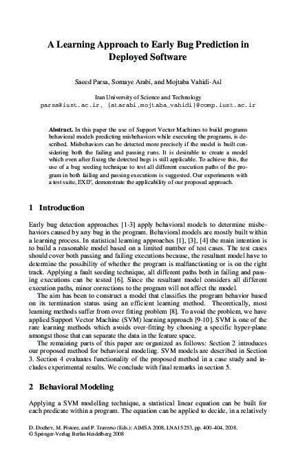 Pdf A Learning Approach To Early Bug Prediction In Deployed Software