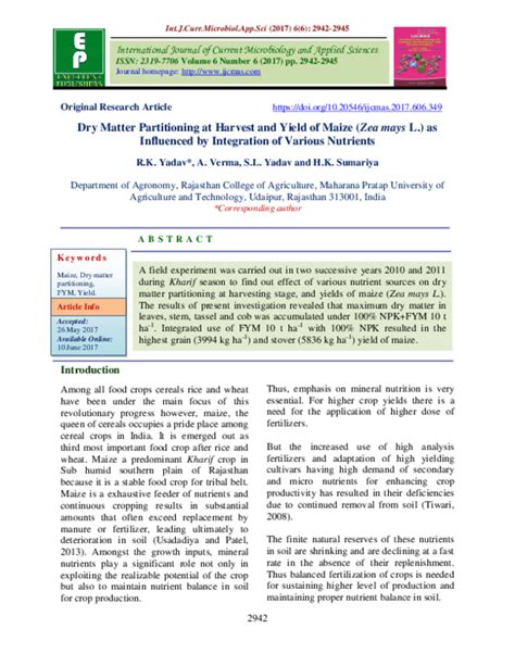 Pdf Dry Matter Partitioning At Harvest And Yield Of Maize Zea Mays L As Influenced By