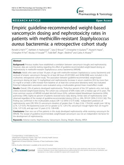 Pdf Empiric Guideline Recommended Weight Based Vancomycin Dosing And Nephrotoxicity Rates In