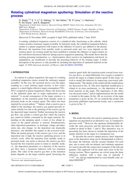 Pdf Rotating Cylindrical Magnetron Sputtering Simulation Of The Reactive Process