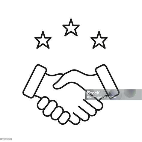 별 선 아이콘과 악수 파트너십 신뢰 및 품질 보증 개요 기호 사업 계약 및 고객 만족 편집 가능한 스트로크 고립 된 벡터