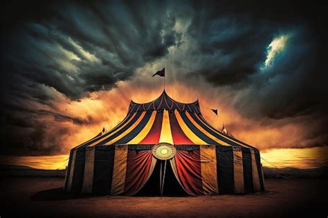 Premium Photo Panorama Of A Circus Tent Lit Up At Night Against An Ominous Sunset And A