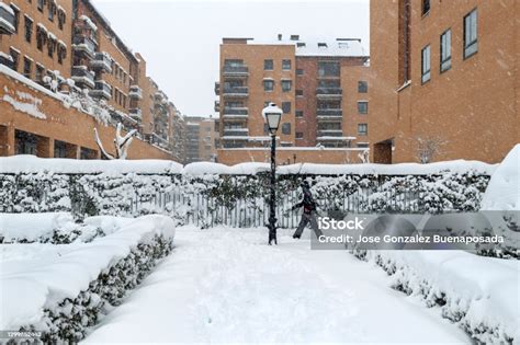 보호 얼굴 마스크를 가진 젊은 남자가 주거 용 건물의 지역에서 산책로에 폭설 아래 산책 가리기에 대한 스톡 사진 및 기타 이미지 가리기 거리 걷기 Istock