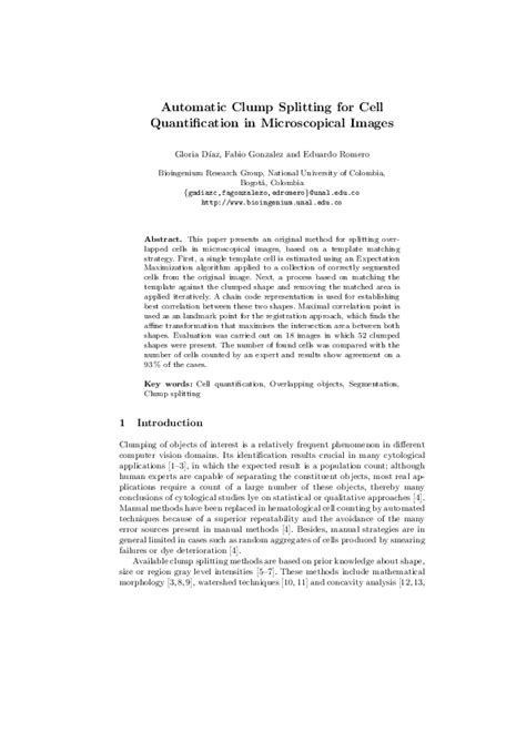 Pdf Automatic Clump Splitting For Cell Quantification In Microscopical Images