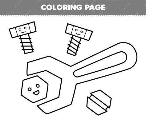 귀여운 만화 볼트와 렌치 라인 아트 인쇄 가능한 도구 워크시트의 어린이 색칠 페이지를 위한 교육 게임 프리미엄 벡터