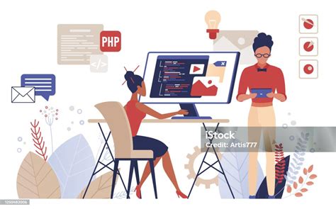 사람 프로그래밍 벡터 일러스트 만화 플랫 남자 여자 프로그래머 개발자 작업 코더 캐릭터 는 프로그램 소프트웨어를 만들 현대 기술