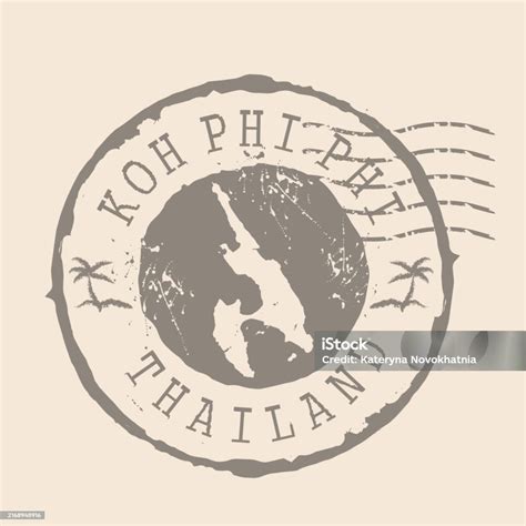 Koh Phi Phi의 우표 우편 지도 실루엣 고무 물개 디자인 복고풍 여행 당신의 디자인을 위한 Seal Map Phi Phi Island 그런지 태국 주당순이익10 고무