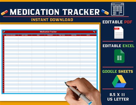 Medication Tracker Editable Template Printable Medicine Tracker Excel Medication Download