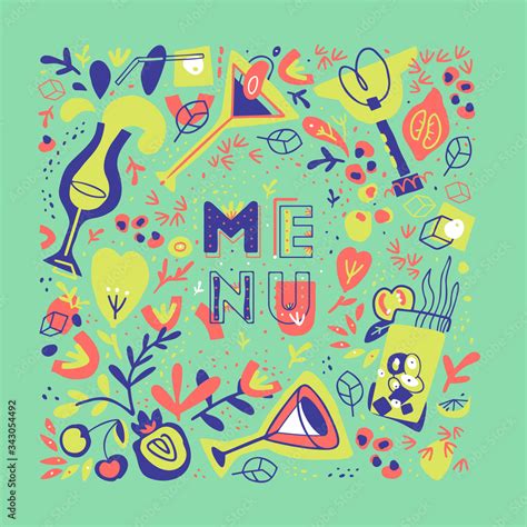 Menu Lettering In Hand Drawn Frame With Drinks Fruits And Abstract Design Elements Multicolor