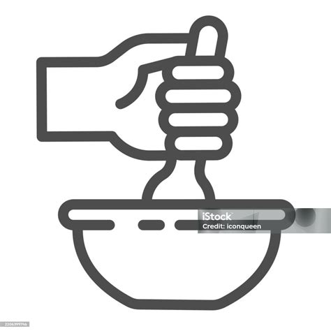 숟가락과 접시 라인 아이콘 요리 요리 개념과 손 벡터 그래픽입니다 교반 접시 흰색 배경에 음식 기호 준비 모바일 또는 웹 디자인에 대한 개요 스타일 아이콘 가정 생활에 대한