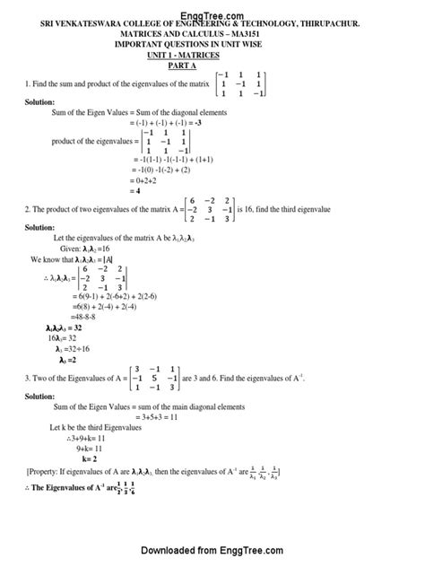 Ma3151 Matrices And Calculus Two Mark Questions 2 Pdf Eigenvalues