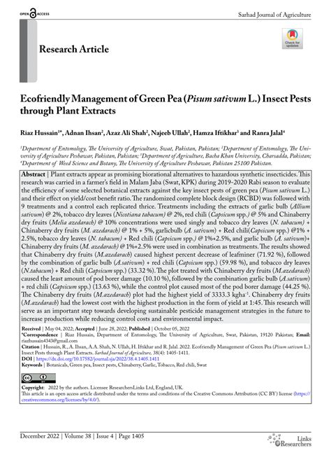 Pdf Ecofriendly Management Of Green Pea Pisum Sativum L Insect Pests Through Plant Extracts